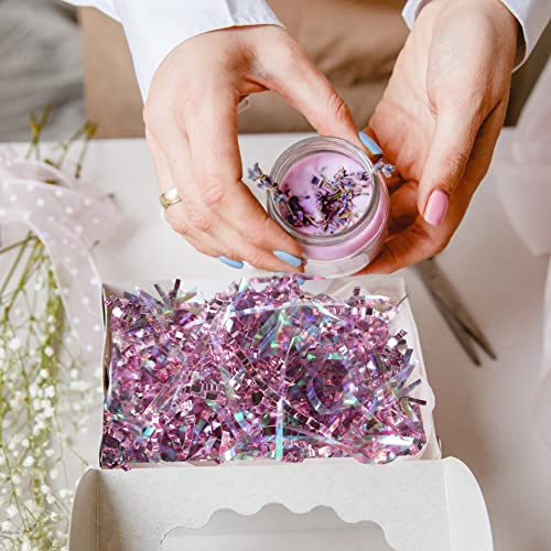 UNIQOOO 1 LB Metallic Iridescent Pink Purple Crinkle Cut Paper Filler Shreds for Gift Box, Sparkling Lavender Shredded Paper Raffia Tissue, Craft Bedding Cushion for Wedding Easter Bridesmaid Engagement Gift Basket, Bags Packaging