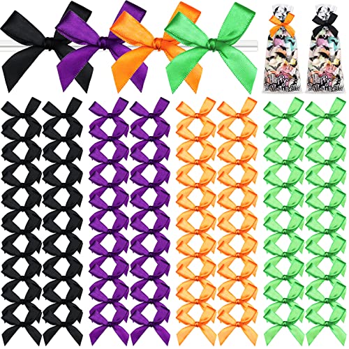 120 Pieces Mardi Gras Twist Bow Satin Twist Tie Bows Fabric Bows for Crafts Polyester Craft Bows Decorating Ribbon Bows Gift Wrap Bows for Candy Bags Decoration (Purple, Orange, Light Green, Black)