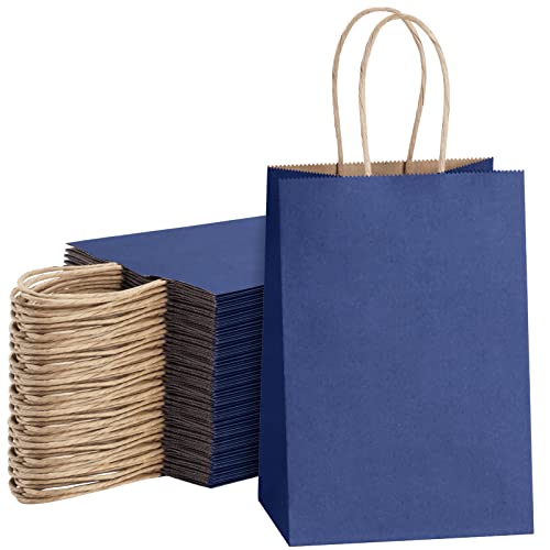 SHOPDAY Navy Blue Paper Gift Bgas, Small Kraft Paper Bags with Handles Bulk 5.25x3.75x8 100 Pack, Recyclable Craft Bags for Handwork, Shopping Bags, Party Favor Bags, Birthday Goody Bags, Retail Bags for Merchandise