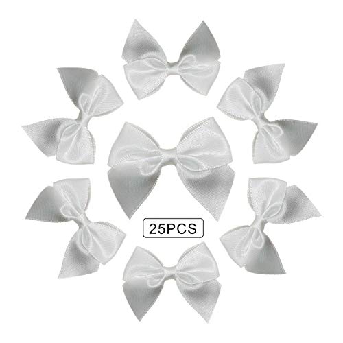 Briefix 25 Pieces Mini Satin Ribbon Bows with Removable Sticky Gel Pads (White)