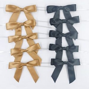 100 Pack Twist Tie Bow, Pre-Tied Bows,Christmas Satin Twist Tie Bows for Treat Bags,Packaging Bows for Candies and Apples, Pretied Ribbon Bows for DIY Decorations,Treat Bows (Black&Gold)