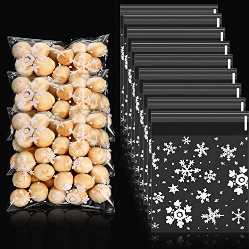 Blulu 200 Pieces Snowflake Cellophane Bags Christmas White Candy Bags Cookie Self Adhesive Plastic Bags Clear Gift Wrapping Bags for Wedding Holiday Party Supplies (6.7 x 5.5 Inch)