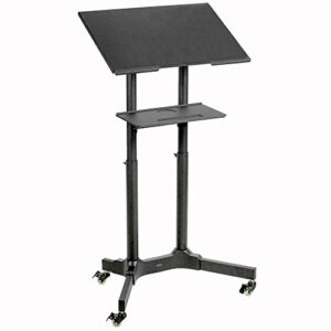 vivo steel mobile 24 inch height adjustable multi-purpose rolling podium, lectern, and laptop workstation desk with storage tray, black, cart-v03e