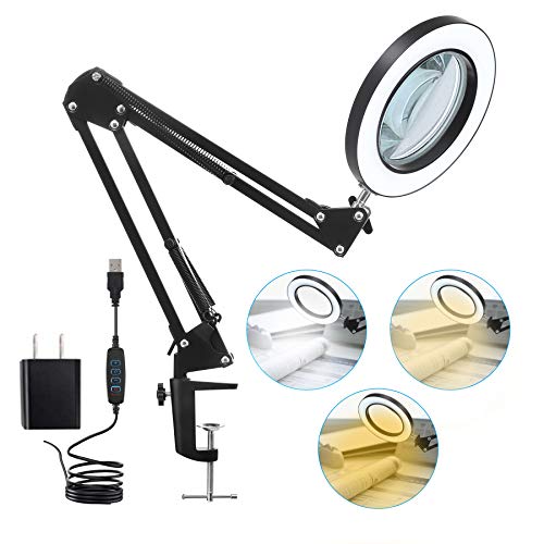 LED Magnifying Lamp with Clamp, 10X Real Glass Lens, 3 Color Modes and Stepless Dimmable Magnifier Desk Lamp,Adjustable Swivel Arm Lighted Magnifying Glass for Repair Craft Close Work-Black