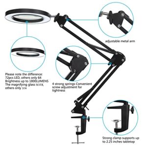 LED Magnifying Lamp with Clamp, 10X Real Glass Lens, 3 Color Modes and Stepless Dimmable Magnifier Desk Lamp,Adjustable Swivel Arm Lighted Magnifying Glass for Repair Craft Close Work-Black