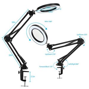 LED Magnifying Lamp with Clamp, 10X Real Glass Lens, 3 Color Modes and Stepless Dimmable Magnifier Desk Lamp,Adjustable Swivel Arm Lighted Magnifying Glass for Repair Craft Close Work-Black