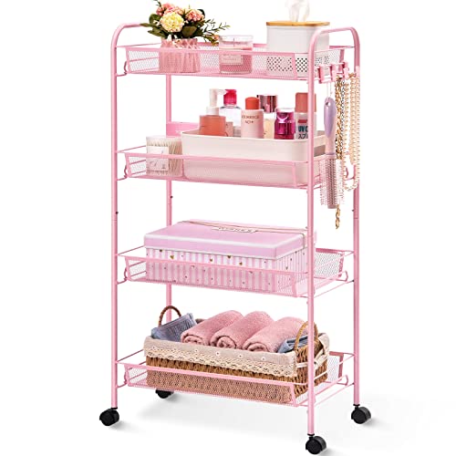 TOOLF 4-Tier Rolling Cart, Metal Utility Cart with 3 Hooks, Easy Assemble Mobile Storage Trolley On Wheels, Slide Out Shelving Units Kitchen Bathroom Laundry Room