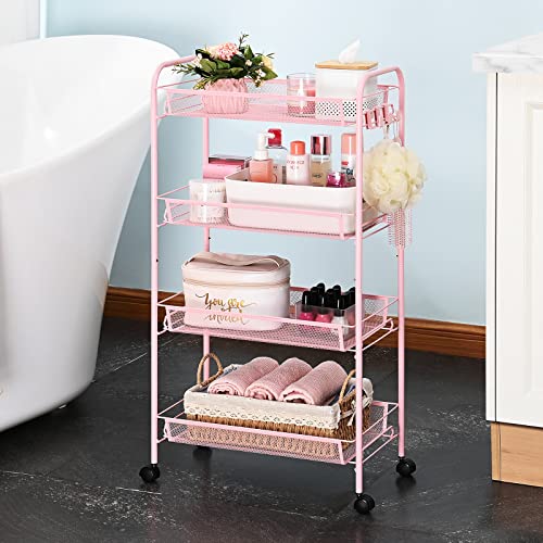 TOOLF 4-Tier Rolling Cart, Metal Utility Cart with 3 Hooks, Easy Assemble Mobile Storage Trolley On Wheels, Slide Out Shelving Units Kitchen Bathroom Laundry Room