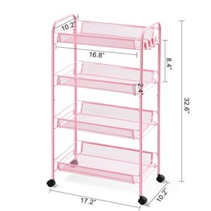 TOOLF 4-Tier Rolling Cart, Metal Utility Cart with 3 Hooks, Easy Assemble Mobile Storage Trolley On Wheels, Slide Out Shelving Units Kitchen Bathroom Laundry Room