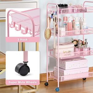 TOOLF 4-Tier Rolling Cart, Metal Utility Cart with 3 Hooks, Easy Assemble Mobile Storage Trolley On Wheels, Slide Out Shelving Units Kitchen Bathroom Laundry Room