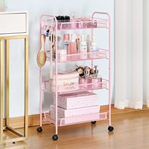 TOOLF 4-Tier Rolling Cart, Metal Utility Cart with 3 Hooks, Easy Assemble Mobile Storage Trolley On Wheels, Slide Out Shelving Units Kitchen Bathroom Laundry Room