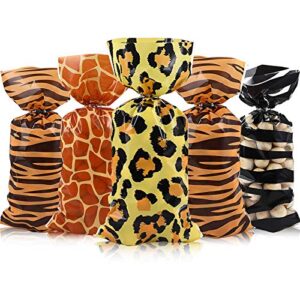 120 pieces jungle animal treat bags, wild giraffe cheetah zebra tiger print cellophane plastic candy bags goodie favor bags with 100 silver twist ties for jungle safari zoo birthday party supplies