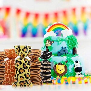 120 Pieces Jungle Animal Treat Bags, Wild Giraffe Cheetah Zebra Tiger Print Cellophane Plastic Candy Bags Goodie Favor Bags with 100 Silver Twist Ties for Jungle Safari Zoo Birthday Party Supplies