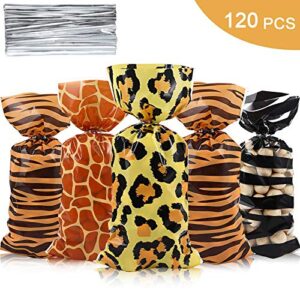 120 Pieces Jungle Animal Treat Bags, Wild Giraffe Cheetah Zebra Tiger Print Cellophane Plastic Candy Bags Goodie Favor Bags with 100 Silver Twist Ties for Jungle Safari Zoo Birthday Party Supplies