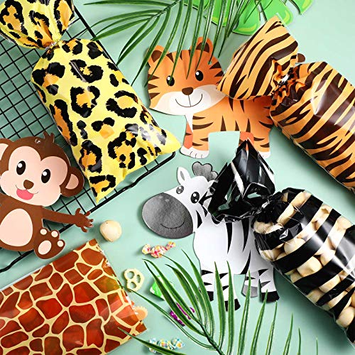 120 Pieces Jungle Animal Treat Bags, Wild Giraffe Cheetah Zebra Tiger Print Cellophane Plastic Candy Bags Goodie Favor Bags with 100 Silver Twist Ties for Jungle Safari Zoo Birthday Party Supplies