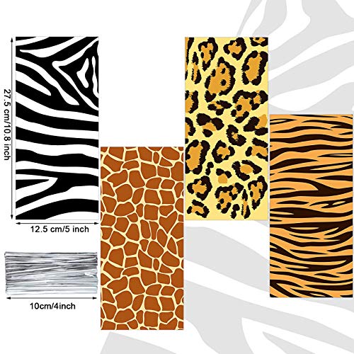 120 Pieces Jungle Animal Treat Bags, Wild Giraffe Cheetah Zebra Tiger Print Cellophane Plastic Candy Bags Goodie Favor Bags with 100 Silver Twist Ties for Jungle Safari Zoo Birthday Party Supplies