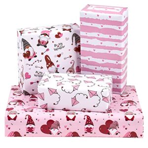 biobrown wrapping paper sheet – pink with gnome design for valentine’s day – folded flat – 19.6 inch x 27.5 inch per sheet, total of 12 sheet