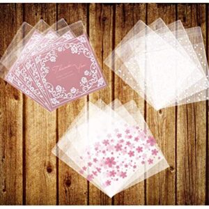 Self Adhesive Treat Bag 300Pcs 3 Different Patterns Self Adhesive Plastic Cookie Bags 100 Pcs Cherry Blossoms Bags, 100 Pcs Pink Rose Bags & 100 Pcs White Polka Dot Bags Gift DIY Plastic Bag