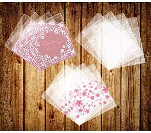 Self Adhesive Treat Bag 300Pcs 3 Different Patterns Self Adhesive Plastic Cookie Bags 100 Pcs Cherry Blossoms Bags, 100 Pcs Pink Rose Bags & 100 Pcs White Polka Dot Bags Gift DIY Plastic Bag