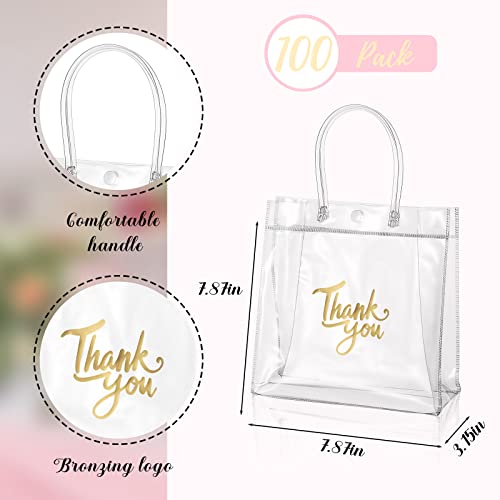 100 Pcs Clear PVC Plastic Gift Bags with Handle Thank You Gift Bags Reusable Transparent Bags Plastic Wrap Tote Bags Bulk Heavy Duty Gift Clear Plastic Favors Bags 7.8 x 7.8 x 3.1 Inch