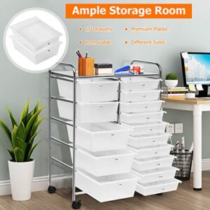 HAPPYGRILL 15 Drawer Storage Drawer Cart Organizer Cart Tools Office School Utility Cart Paper Organizer Rolling Storage Cart with Wheels