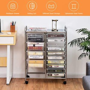 HAPPYGRILL 15 Drawer Storage Drawer Cart Organizer Cart Tools Office School Utility Cart Paper Organizer Rolling Storage Cart with Wheels