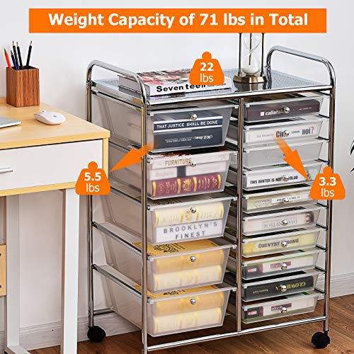 HAPPYGRILL 15 Drawer Storage Drawer Cart Organizer Cart Tools Office School Utility Cart Paper Organizer Rolling Storage Cart with Wheels