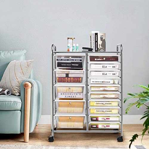 HAPPYGRILL 15 Drawer Storage Drawer Cart Organizer Cart Tools Office School Utility Cart Paper Organizer Rolling Storage Cart with Wheels