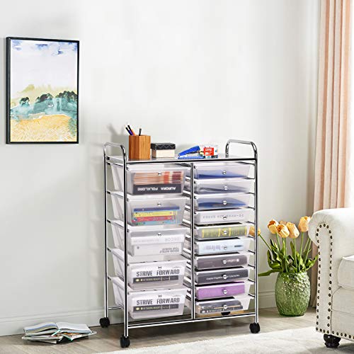 HAPPYGRILL 15 Drawer Storage Drawer Cart Organizer Cart Tools Office School Utility Cart Paper Organizer Rolling Storage Cart with Wheels