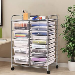 HAPPYGRILL 15 Drawer Storage Drawer Cart Organizer Cart Tools Office School Utility Cart Paper Organizer Rolling Storage Cart with Wheels