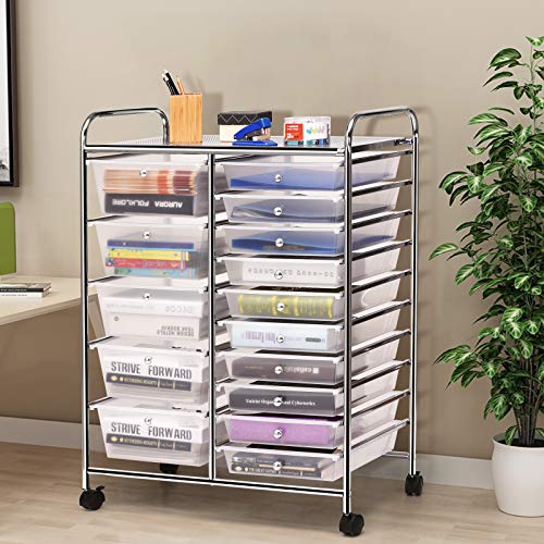 HAPPYGRILL 15 Drawer Storage Drawer Cart Organizer Cart Tools Office School Utility Cart Paper Organizer Rolling Storage Cart with Wheels