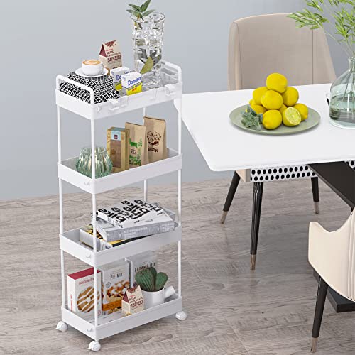 Ronlap Slim Storage Cart, 4 Tier Utility Rolling Cart with Wheels Mobile Slide Out Storage Organizer Cart with Handle Hanging Cups Dividers for Bathroom Laundry Room Kitchen Office Narrow Place, White