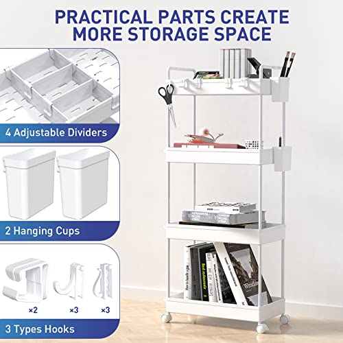 Ronlap Slim Storage Cart, 4 Tier Utility Rolling Cart with Wheels Mobile Slide Out Storage Organizer Cart with Handle Hanging Cups Dividers for Bathroom Laundry Room Kitchen Office Narrow Place, White