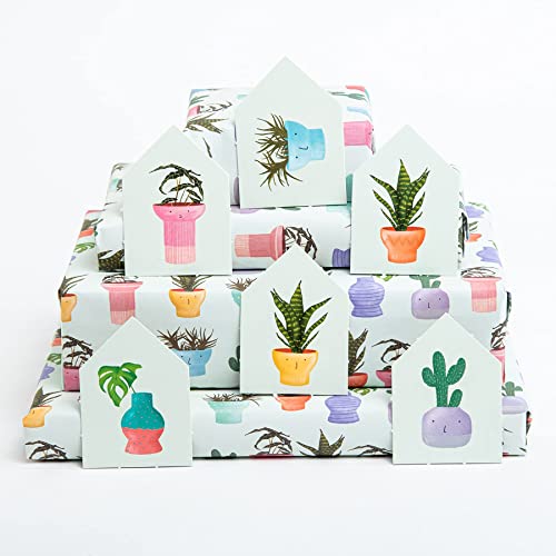 Central 23-6 Wrapping Paper Sheets - Green Pot Plants - Trendy Gift Wrap for Girls Teenagers Women - Birthday - Recyclable - Eco