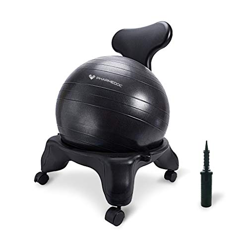 Pharmedoc Exercise Ball Chair with Back Support for Home and Office w/Exercise Yoga Balance Ball, Pump, Removable Back & Lockable Wheels