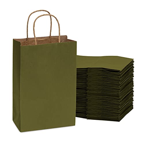 Green Gift Bags – 6x3x9 100 Pack Small Kraft Shopping Bags with Handles, Olive Green Craft Paper Euro Tote Bags for Boutique, Retail, Wedding Guests, Grocery, Birthday, Small Business, Bulk