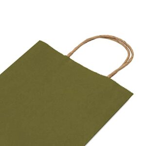 Green Gift Bags – 6x3x9 100 Pack Small Kraft Shopping Bags with Handles, Olive Green Craft Paper Euro Tote Bags for Boutique, Retail, Wedding Guests, Grocery, Birthday, Small Business, Bulk