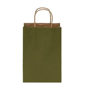 Green Gift Bags – 6x3x9 100 Pack Small Kraft Shopping Bags with Handles, Olive Green Craft Paper Euro Tote Bags for Boutique, Retail, Wedding Guests, Grocery, Birthday, Small Business, Bulk