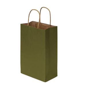 Green Gift Bags – 6x3x9 100 Pack Small Kraft Shopping Bags with Handles, Olive Green Craft Paper Euro Tote Bags for Boutique, Retail, Wedding Guests, Grocery, Birthday, Small Business, Bulk