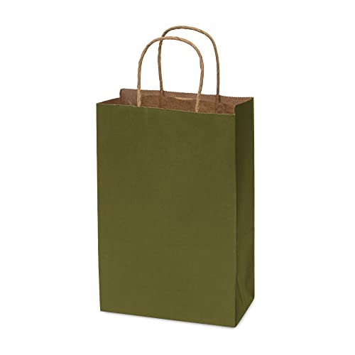 Green Gift Bags – 6x3x9 100 Pack Small Kraft Shopping Bags with Handles, Olive Green Craft Paper Euro Tote Bags for Boutique, Retail, Wedding Guests, Grocery, Birthday, Small Business, Bulk