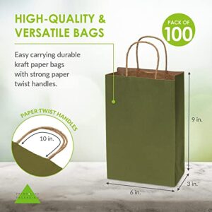 Green Gift Bags – 6x3x9 100 Pack Small Kraft Shopping Bags with Handles, Olive Green Craft Paper Euro Tote Bags for Boutique, Retail, Wedding Guests, Grocery, Birthday, Small Business, Bulk