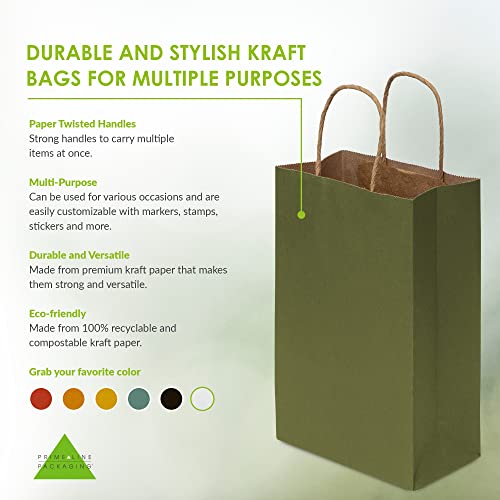 Green Gift Bags – 6x3x9 100 Pack Small Kraft Shopping Bags with Handles, Olive Green Craft Paper Euro Tote Bags for Boutique, Retail, Wedding Guests, Grocery, Birthday, Small Business, Bulk