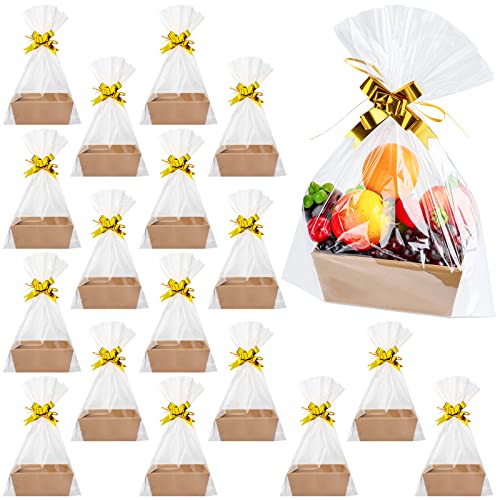 54 Pcs Gift Basket Set Includes 18 DIY Empty Gift Basket 9.8 x 8.5 x 3.5 Inches Food Storage Basket with Handles, 18 Bags and 18 Bows for Holiday, Wedding, Birthday Party Gift Wrapping (Kraft)