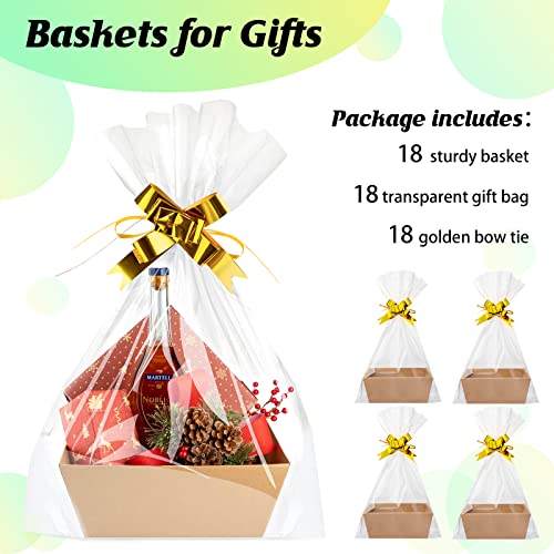 54 Pcs Gift Basket Set Includes 18 DIY Empty Gift Basket 9.8 x 8.5 x 3.5 Inches Food Storage Basket with Handles, 18 Bags and 18 Bows for Holiday, Wedding, Birthday Party Gift Wrapping (Kraft)