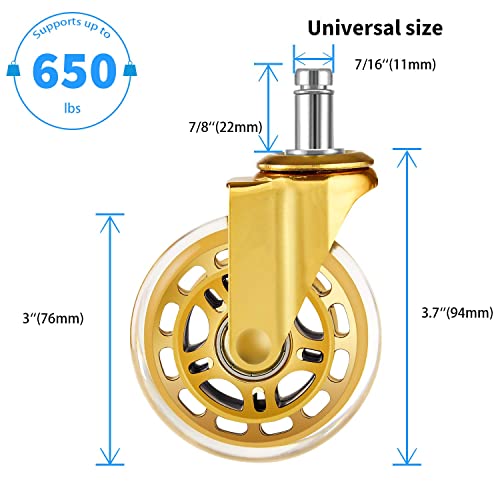 Office Chair Wheels Replacement,(Set of 5) 2.5'' Office Caster Wheels Smooth Rolling Heavy Duty Casters Safe for All Floors Including Hardwood - Universal Stem 7/16 Inch, Gold