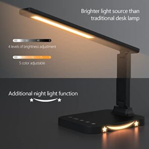 BMQJCBO Black LED Desk Lamp for Home Office with 10W Charger & USB Port ,LCD Display with Calendar Date Temperature Zoning Display, Extra Night Light Function