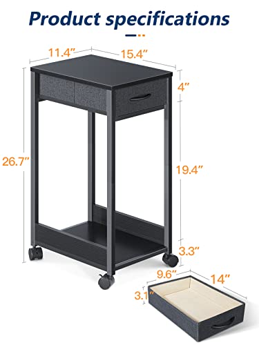 KKL Printer Stand with Storage, Computer Tower Stand with Drawer, Mobile PC Tower Stand Under Desk, CPU Stand Wood Desktop Stand for Home Office, Black & Dark Grey