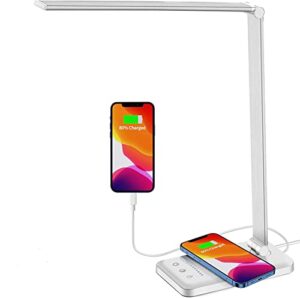 led desk lamp, wireless charger, dimmable, usb charging port,5 modes, reading light for home, office , touch control, auto-off timer lamps (silver 2.0)