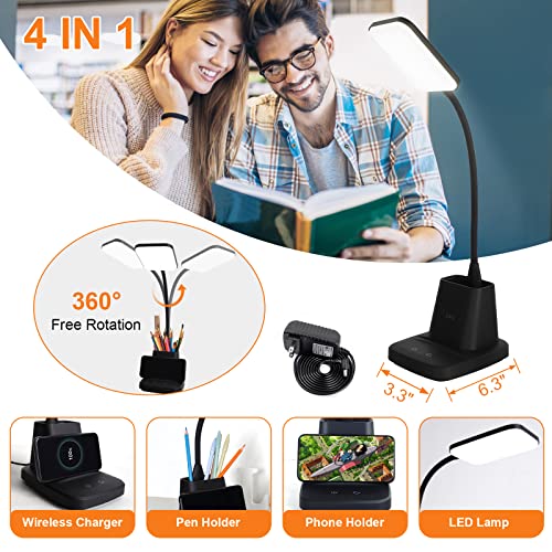 Vicsoon Desk Lamp with Wireless Charger, LED Desk Lamps for Home Office, 800 Lumens, Small Desk Lamp with Pen Holder, Flexible Arm, 3 Modes, Dimming, Touch Lamp for College Dorm Room, with Adapter