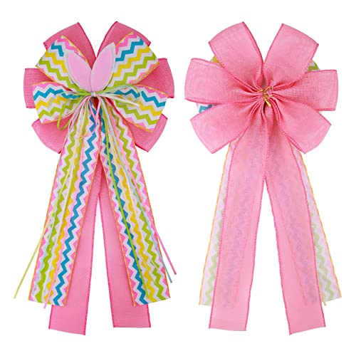 Meseey 2 Pcs Large Easter Burlap Bow 20 x 10 Inch Wreaths Spring Bunny Rabbit Bows for Gift Wrapping Tree Topper Front Door Party Home Decorations (Easter)